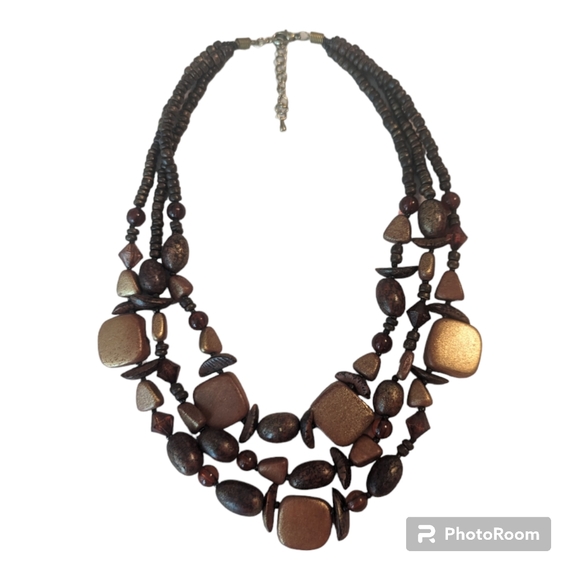 Jewelry | Vintage Brown Wood Beaded 3 Strand Antique Gold Tone Chain ...